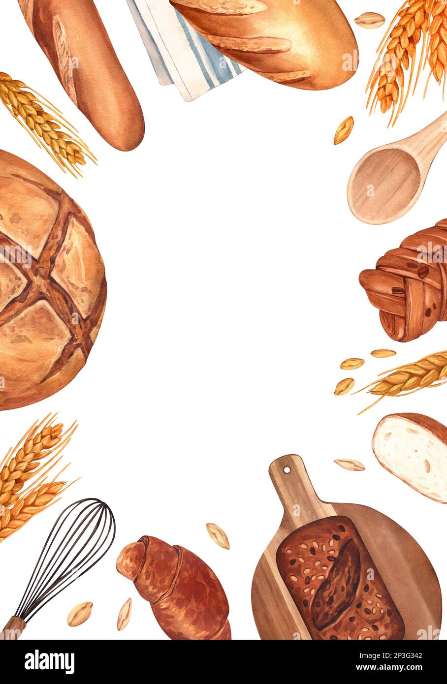 Watercolor bakery background. Bread and pastry collection. Bread house ...