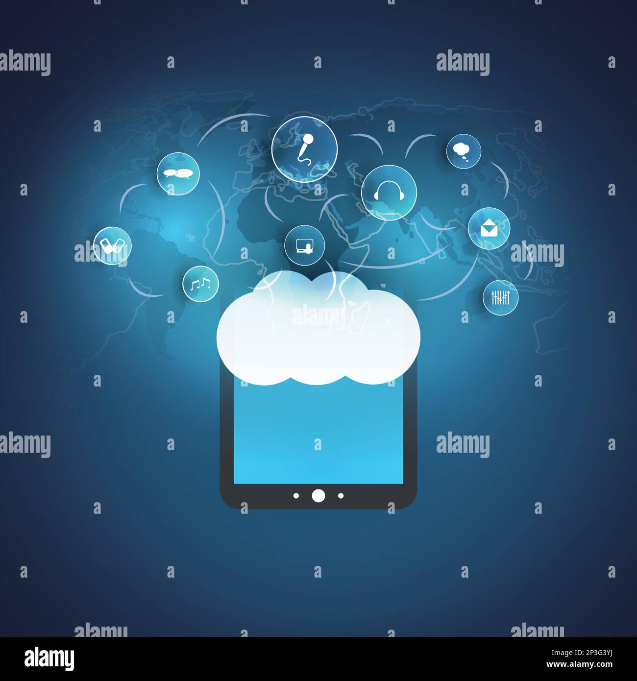 Cloud Computing Design Concept with Tablet PC, World Map and Icons ...
