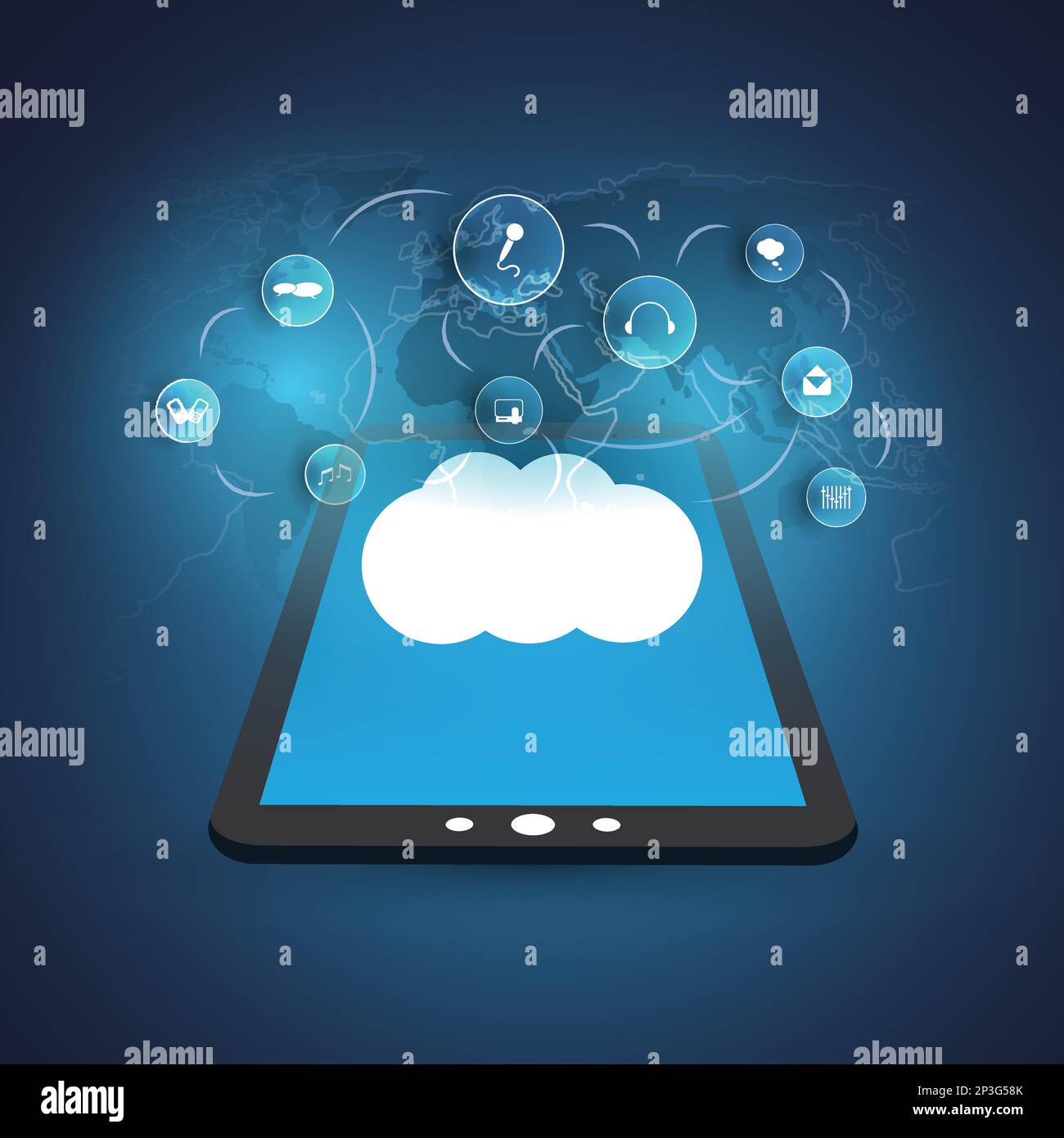 Cloud Computing Design Concept with Tablet PC, World Map and Icons ...