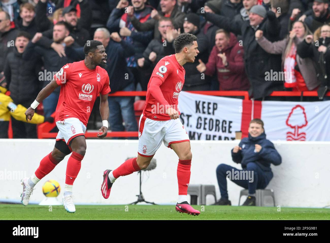 Brennan Johnson #20 of Nottingham Forest celebrates his goal to make it ...