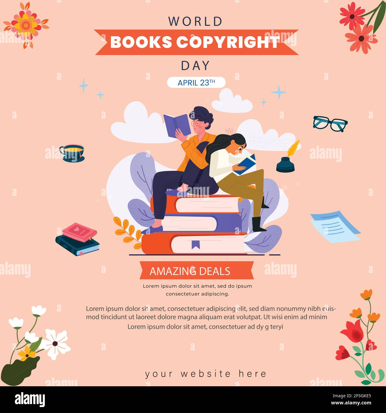 World Book Copyright Day Illustration Template Pen Book Design Vector ...