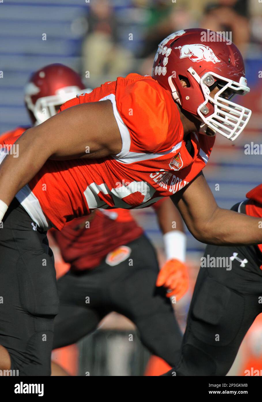 Defensive lineman Trey Flowers ((86) of Arkansas sets for a south team ...