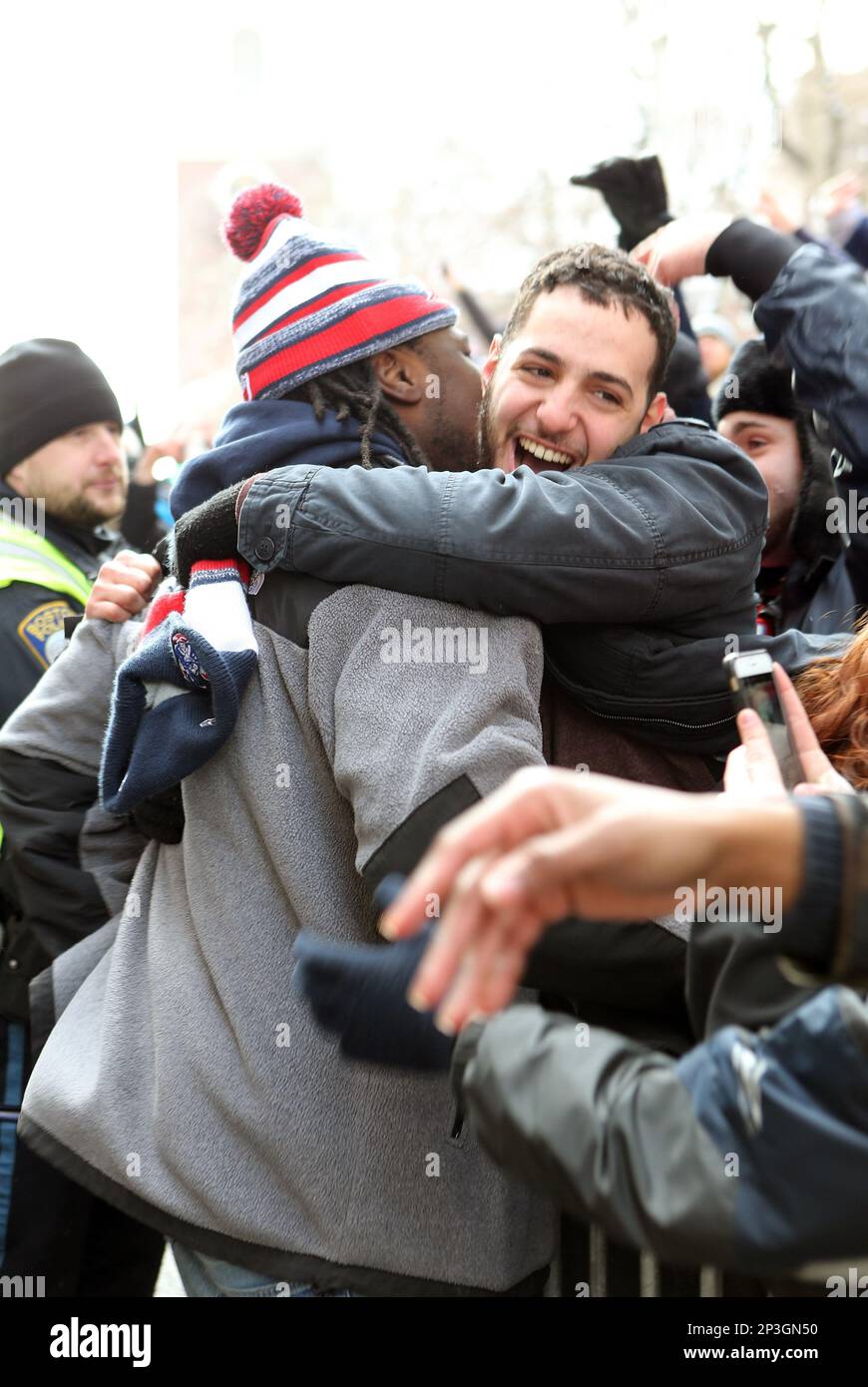 February 4, 2015: LeGarrette Blount gets a big hug from a fan. The New ...