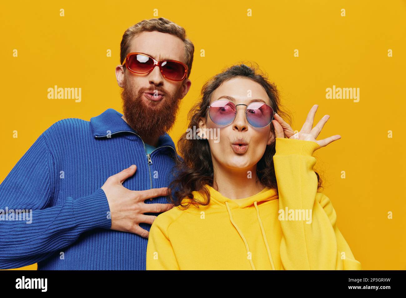 Man and woman couple smiling cheerfully and crooked with glasses, on ...