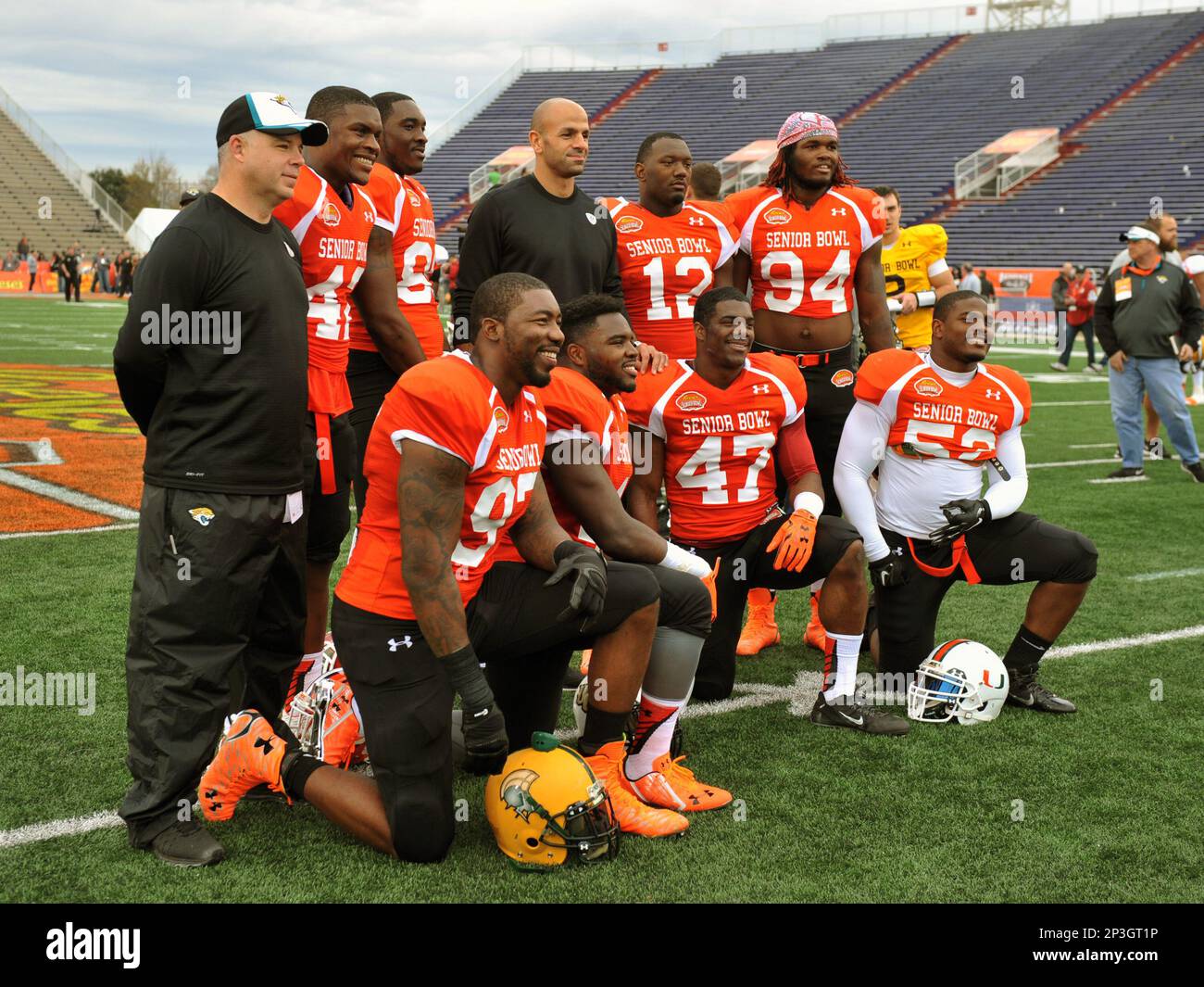 South team linebackers pose after a practice January 22, 2014 before ...