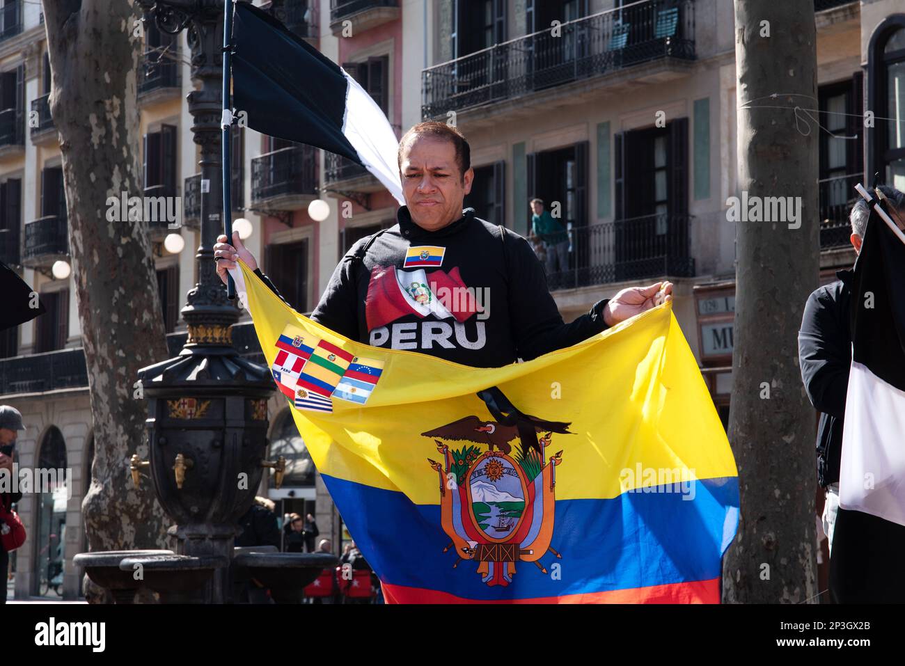 Barcelona, Spain. 05th Mar, 2023. A man seen holding a flag of Ecuador ...