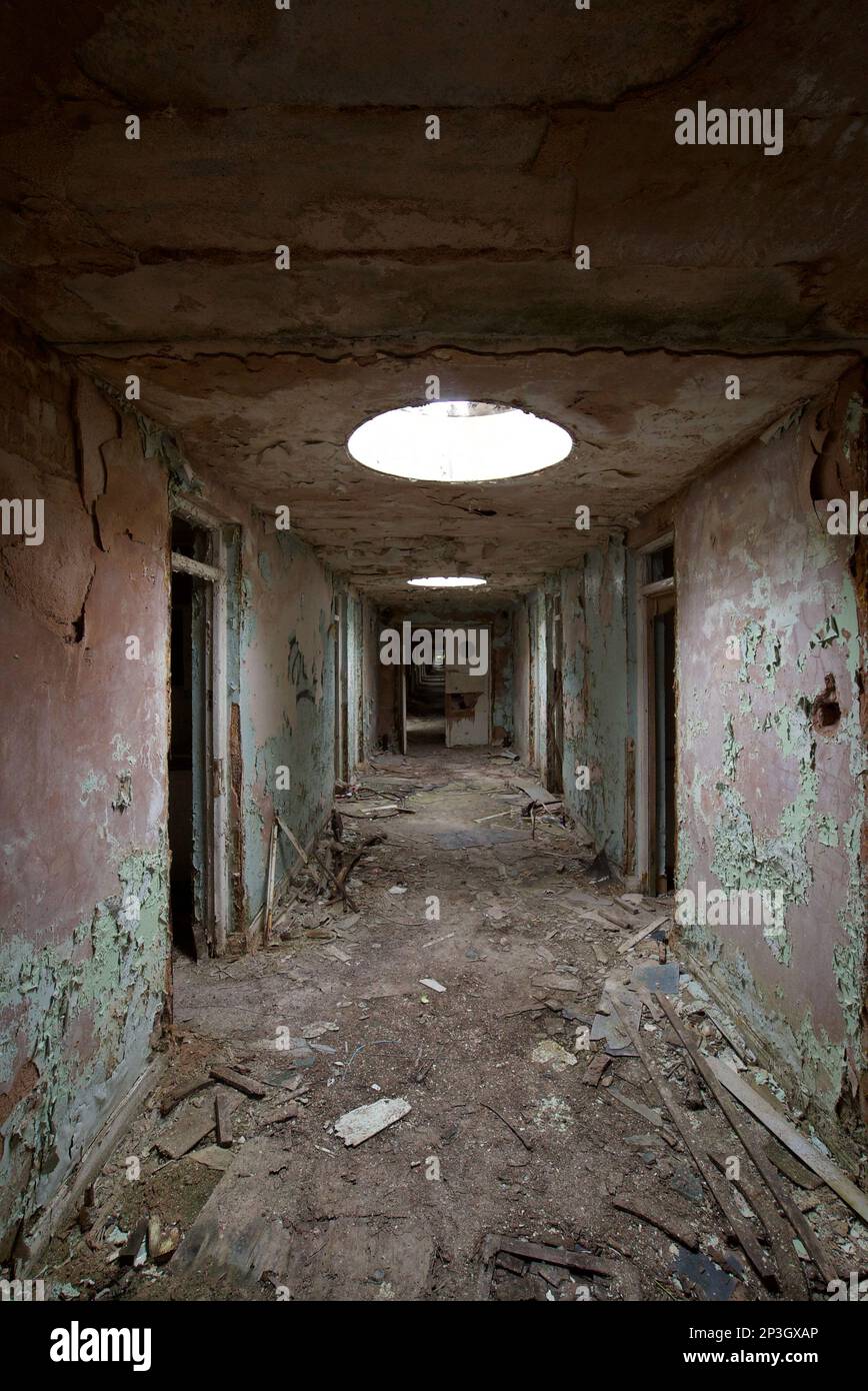 Abandoned hospital corridor with peeling paint (abandoned hospital ...
