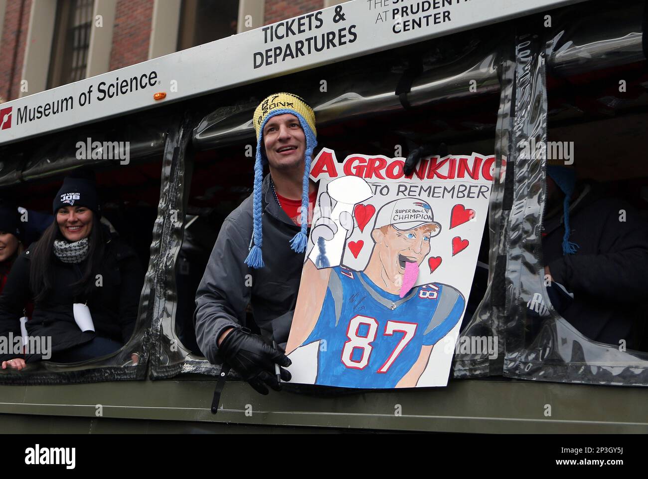 February 4, 2015: Rob Gronkowski poses with a sign a fan made poking ...