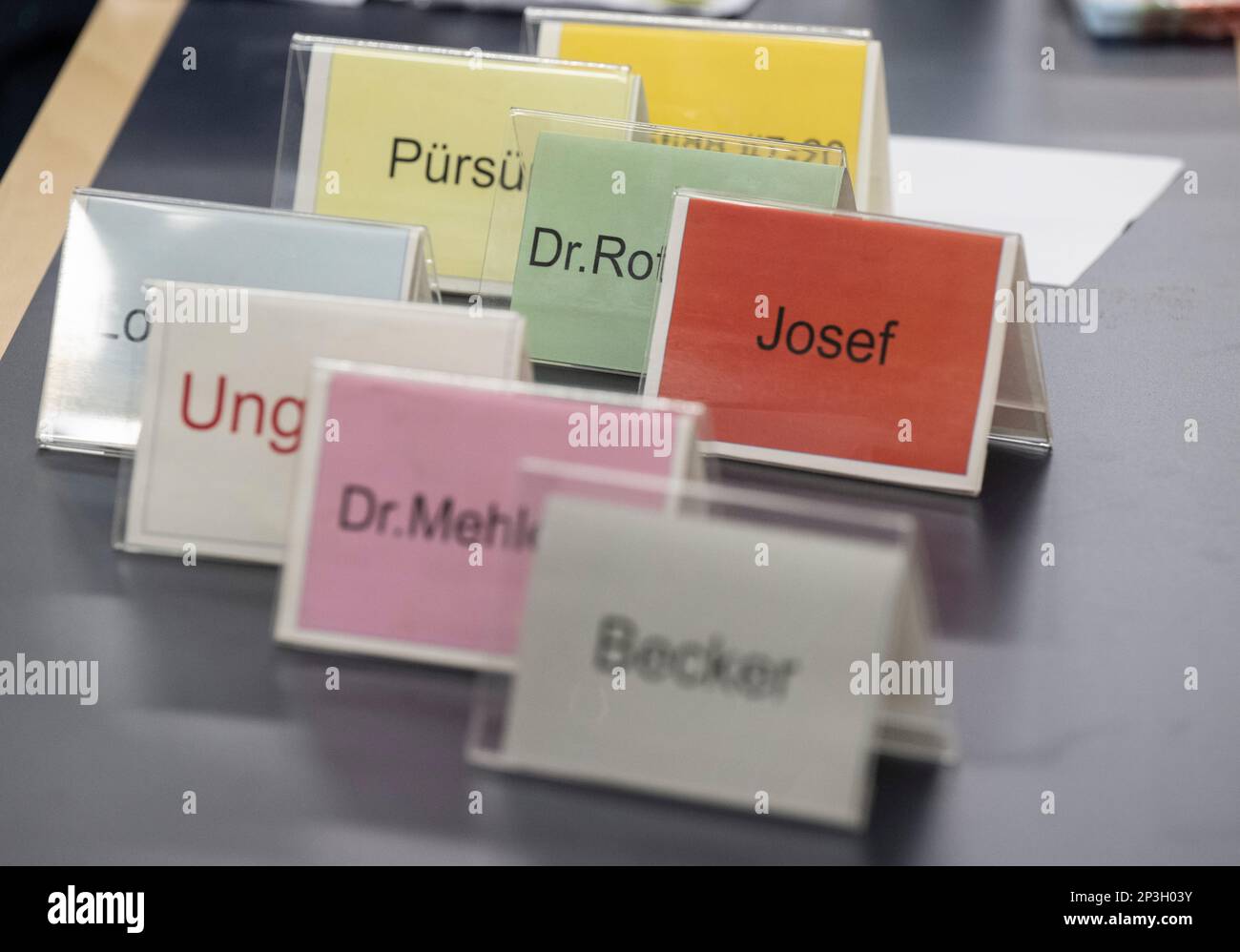 05 March 2023, Hesse, Frankfurt/Main: Signs with the names of the top ...