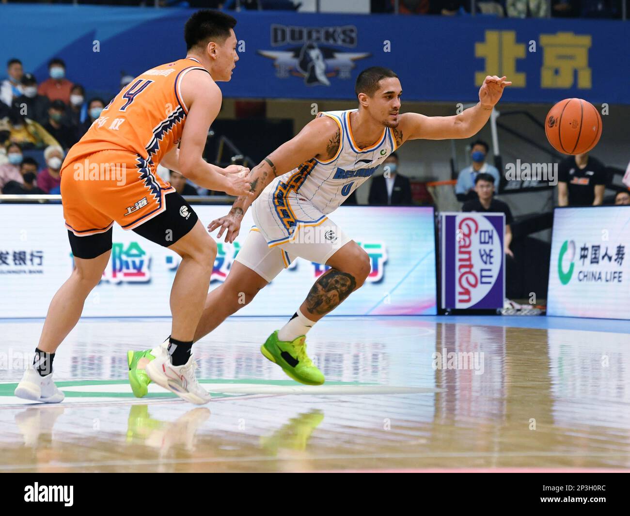 Beijing, China. 5th Mar, 2023. Nick Johnson (R) of Beijing Ducks breaks ...