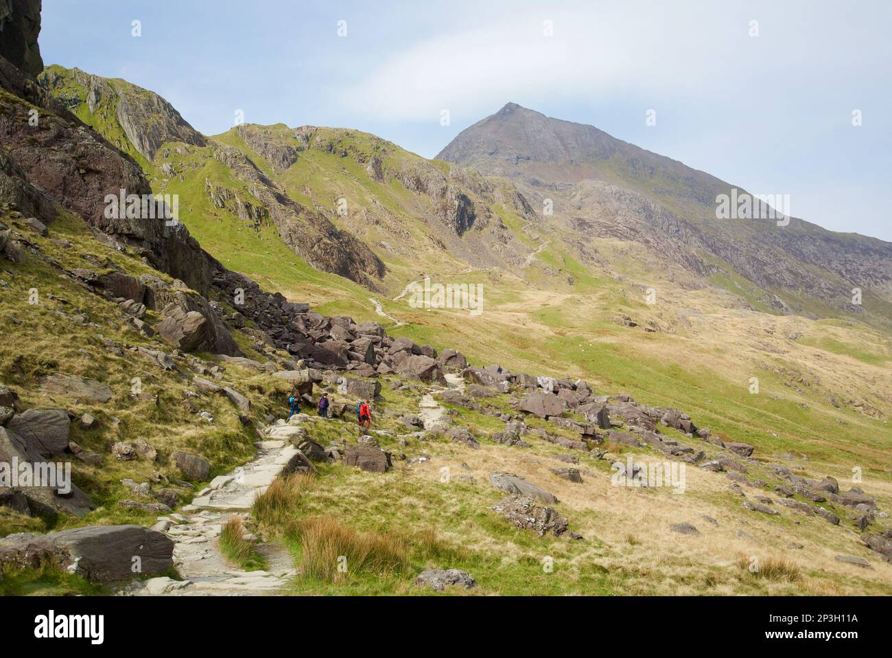 Groups of hikers climb the Pyg track up Snowdon, the highest mountain ...