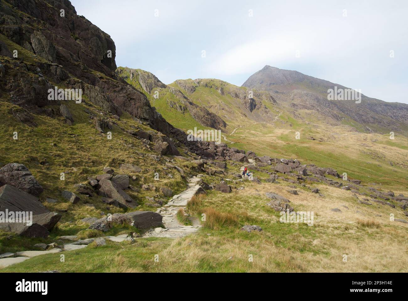 Groups of hikers climb the Pyg track up Snowdon, the highest mountain ...