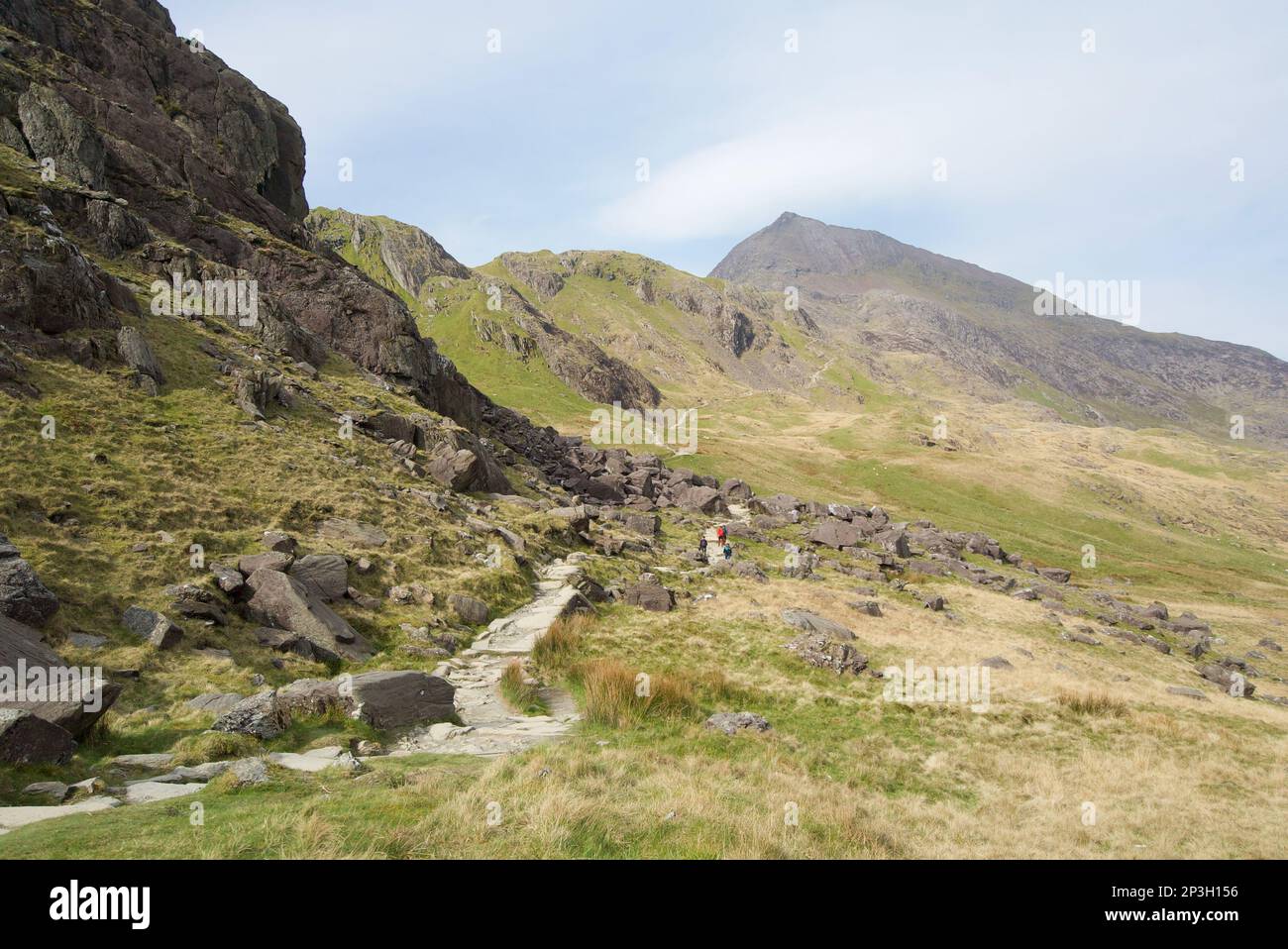 Groups of hikers climb the Pyg track up Snowdon, the highest mountain ...