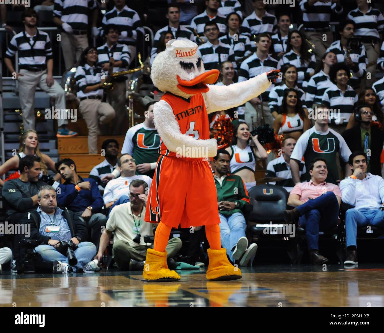 The mascot of the Miami Hurricanes cheers play against the Georgia Tech ...