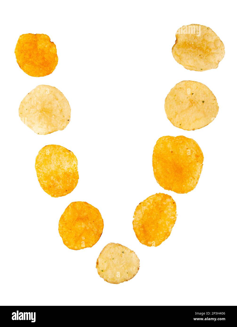 Letter V made of potato chips and isolated on white background. Food ...