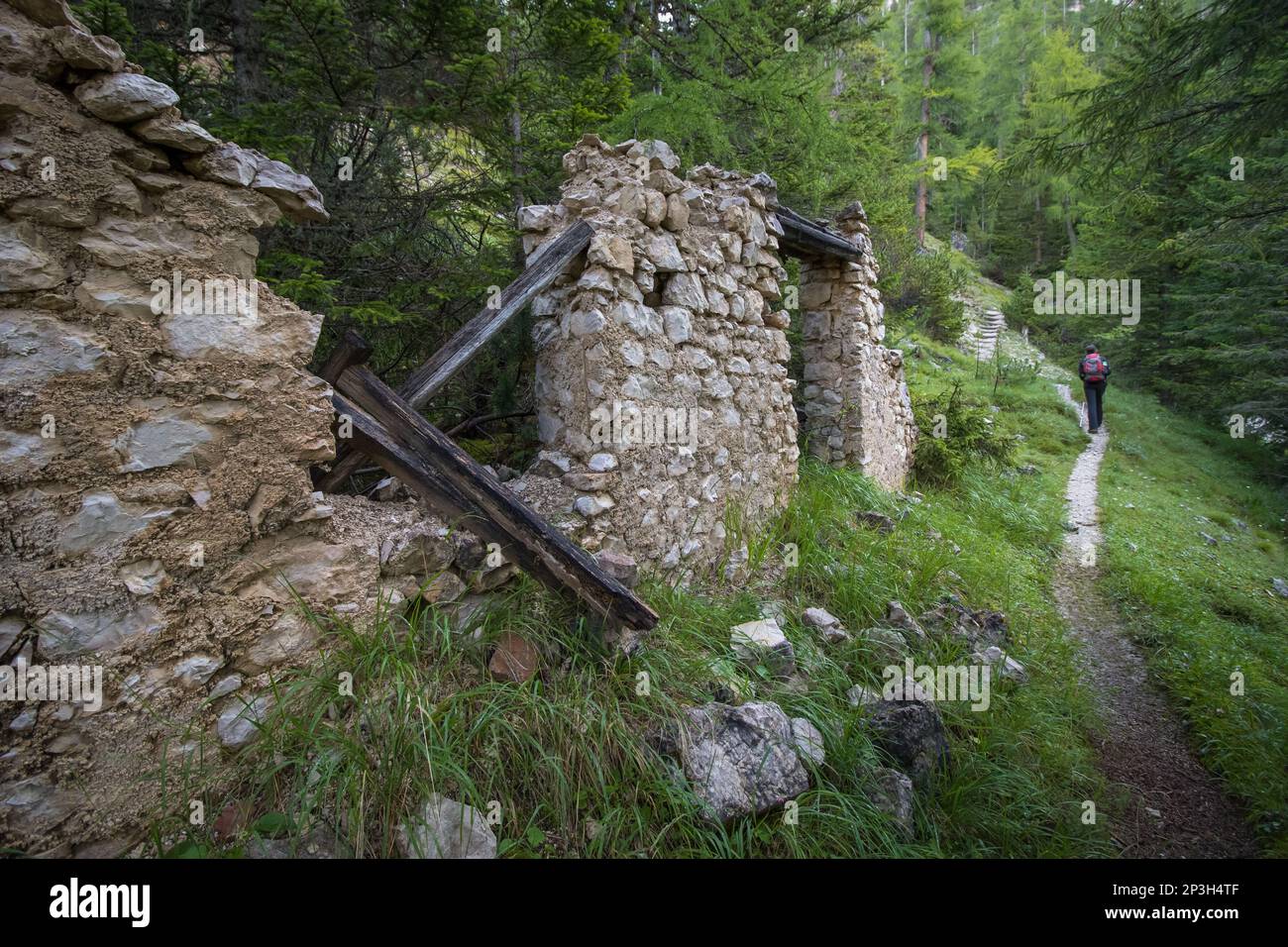 Tourist crossing the via ferrata trail with equipment in the dolomites ...
