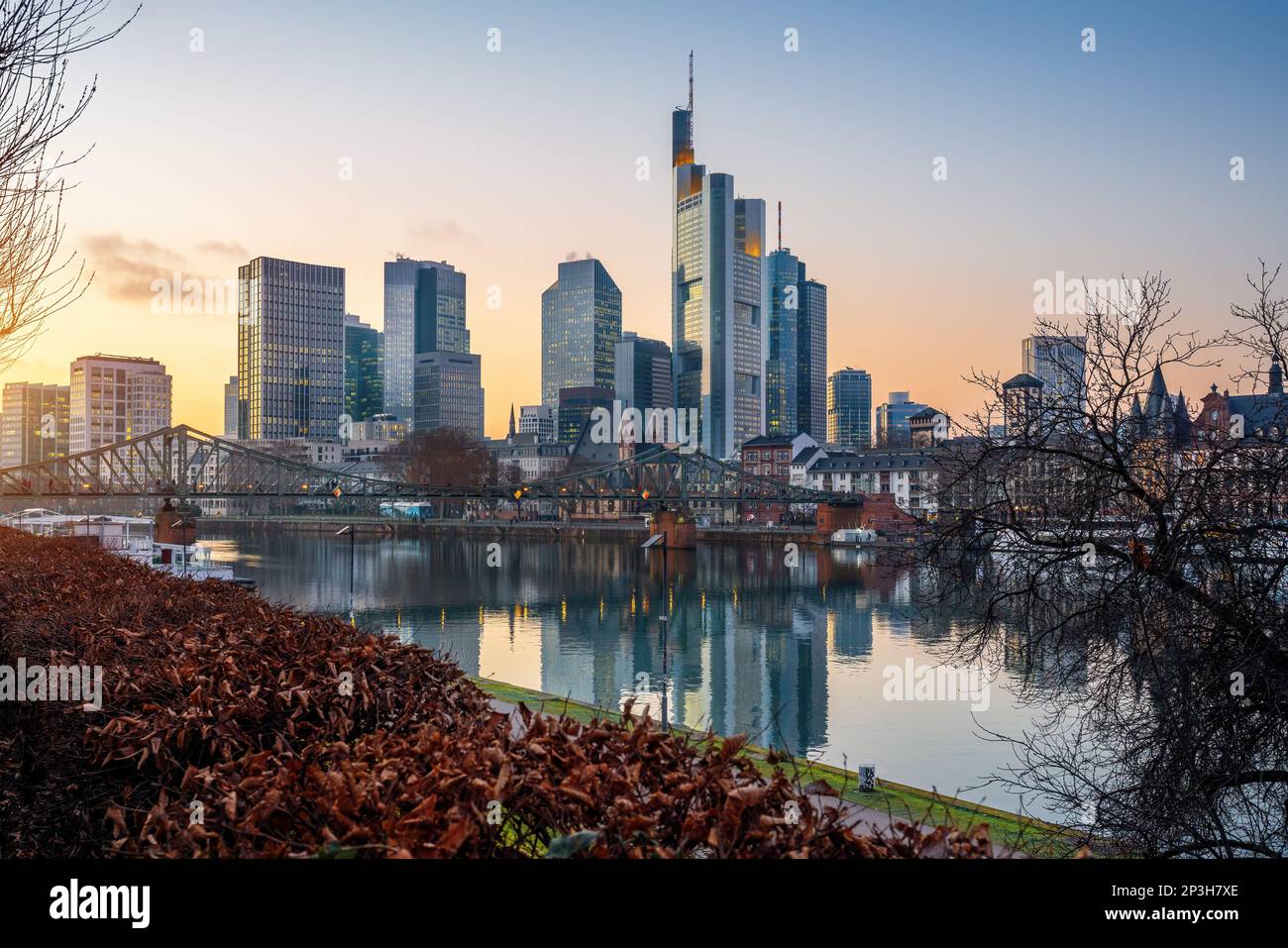 Sunset skyline at autumn with modern buildings - Frankfurt, Germany ...