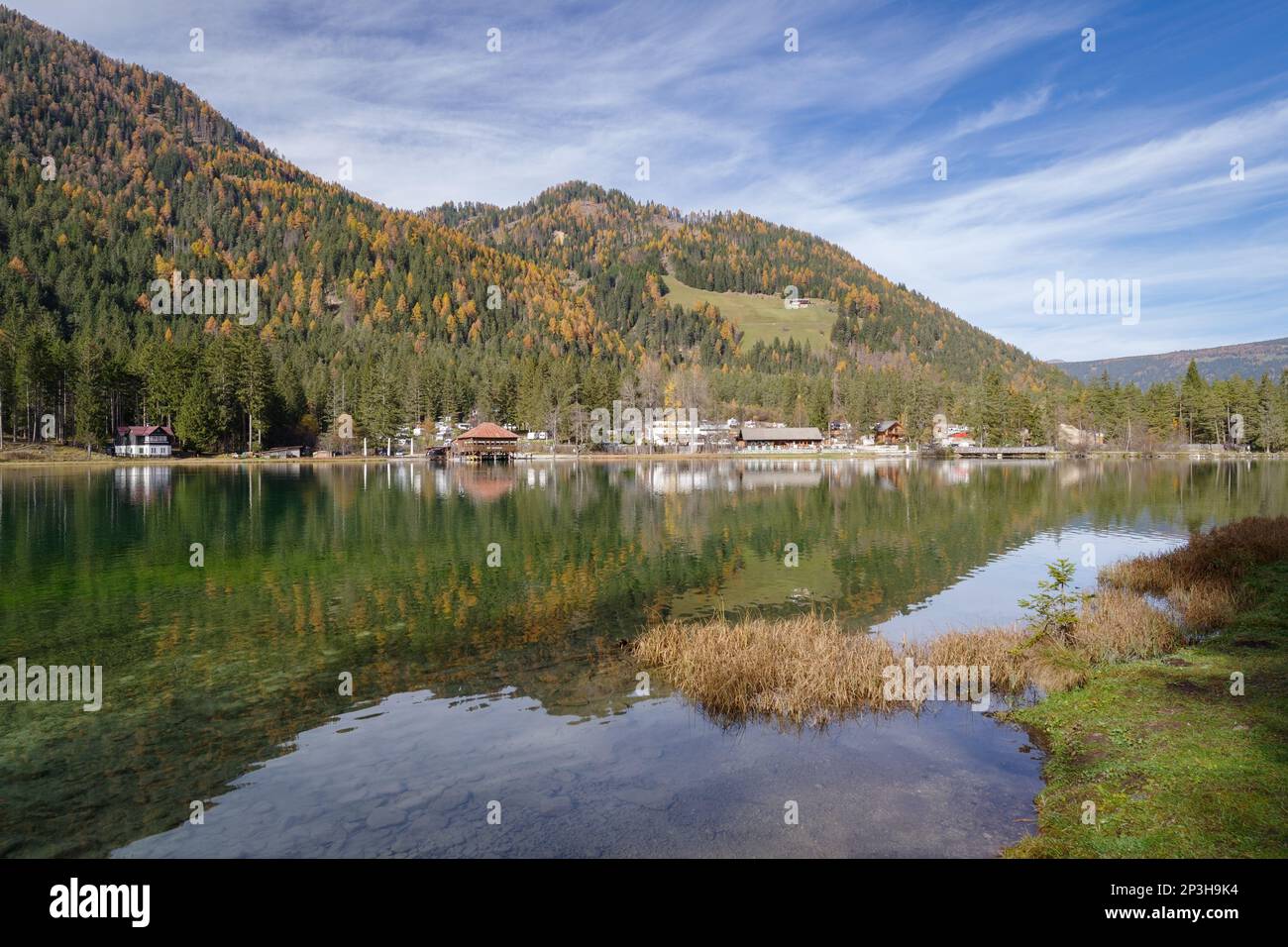 Lake Toblach, also known as Lake Dobaccio or Toblacher see, South Tyrol ...