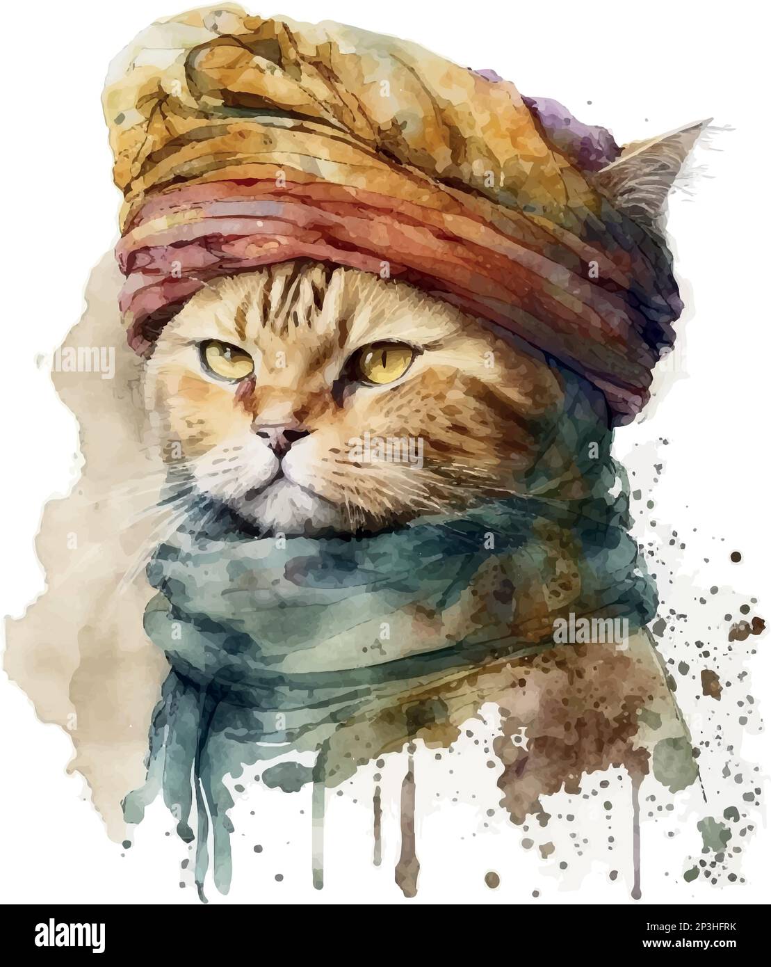Turkish Cat with coffee cup. Muslim cat with turban. Watercolor Vector ...