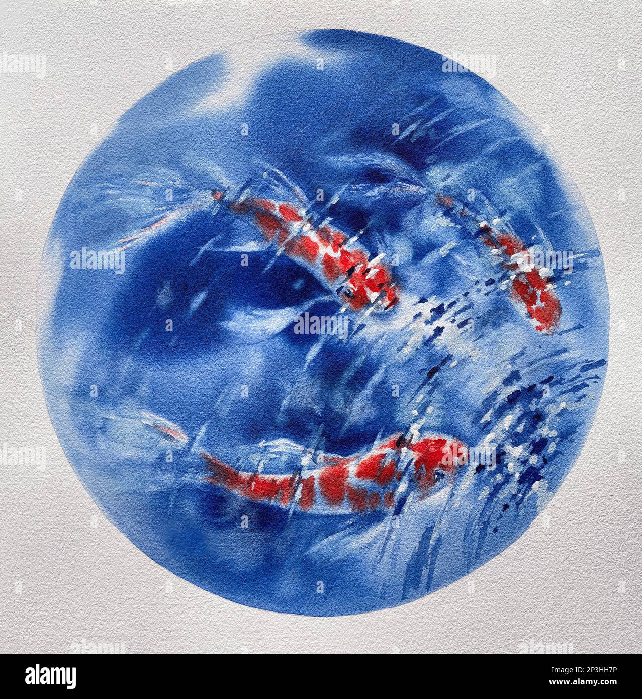 Blue water with red koi fish round watercolor background Stock Photo ...