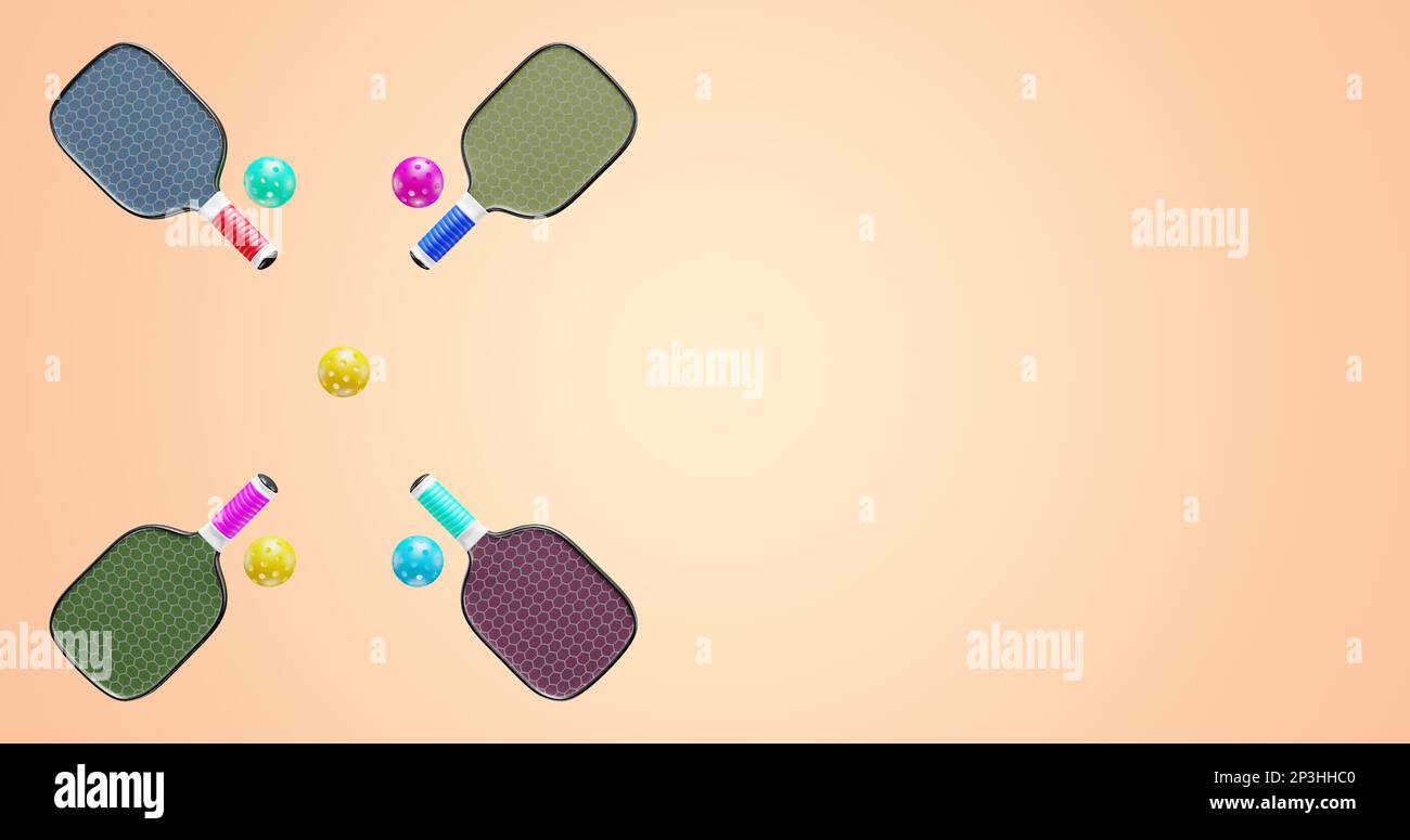 Pickleball racket paddles plastic balls on a pastel beige background ...