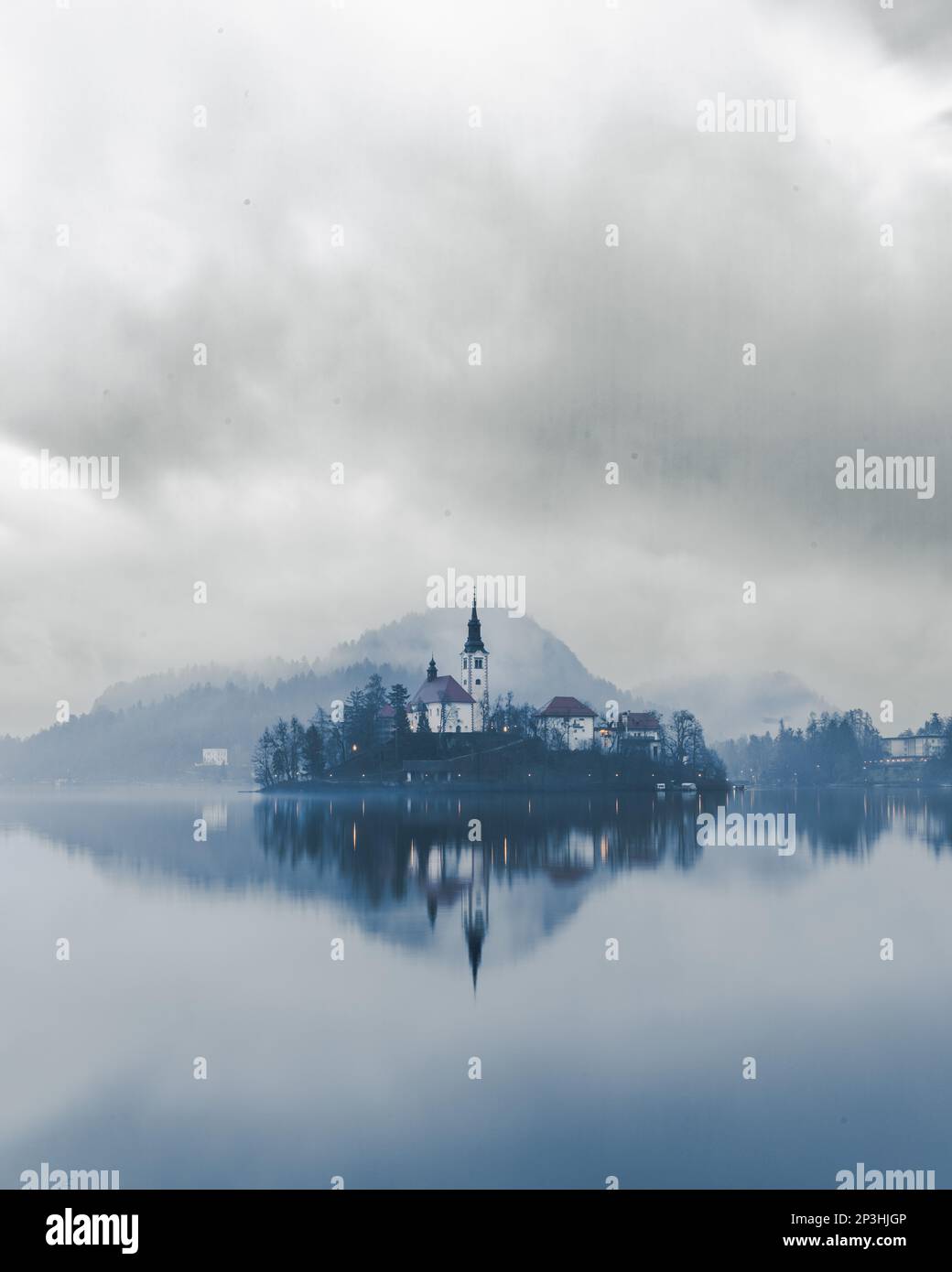 12 27 2022, Bled, Slovenia: Church on Island Bled in Lake bled during a ...