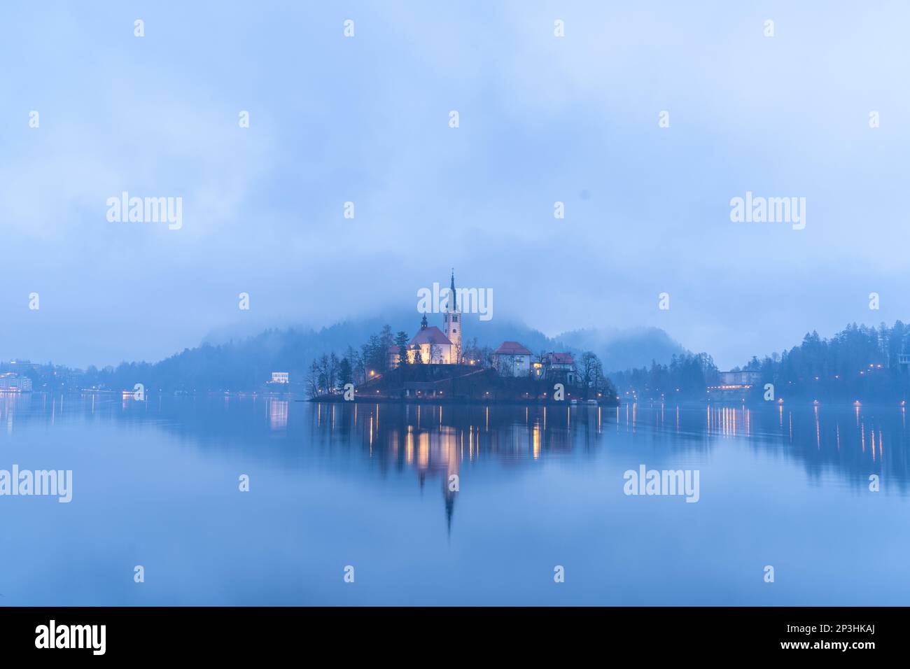 12 27 2022, Bled, Slovenia: Church on Island Bled in Lake bled during a ...