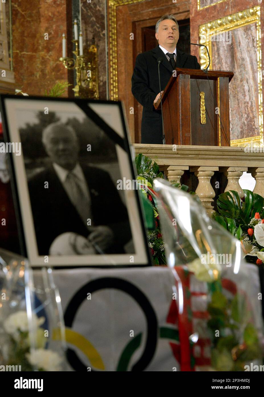 Hungarian Prime Minister Viktor Orban speaks during the funeral ...