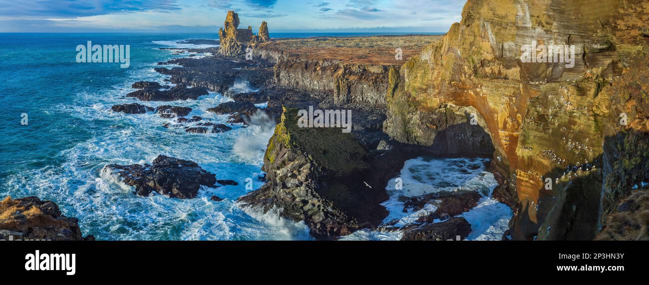 Basalt rocks of Lóndrangar, Malarrif Lighthouse, Iceland Stock Photo ...