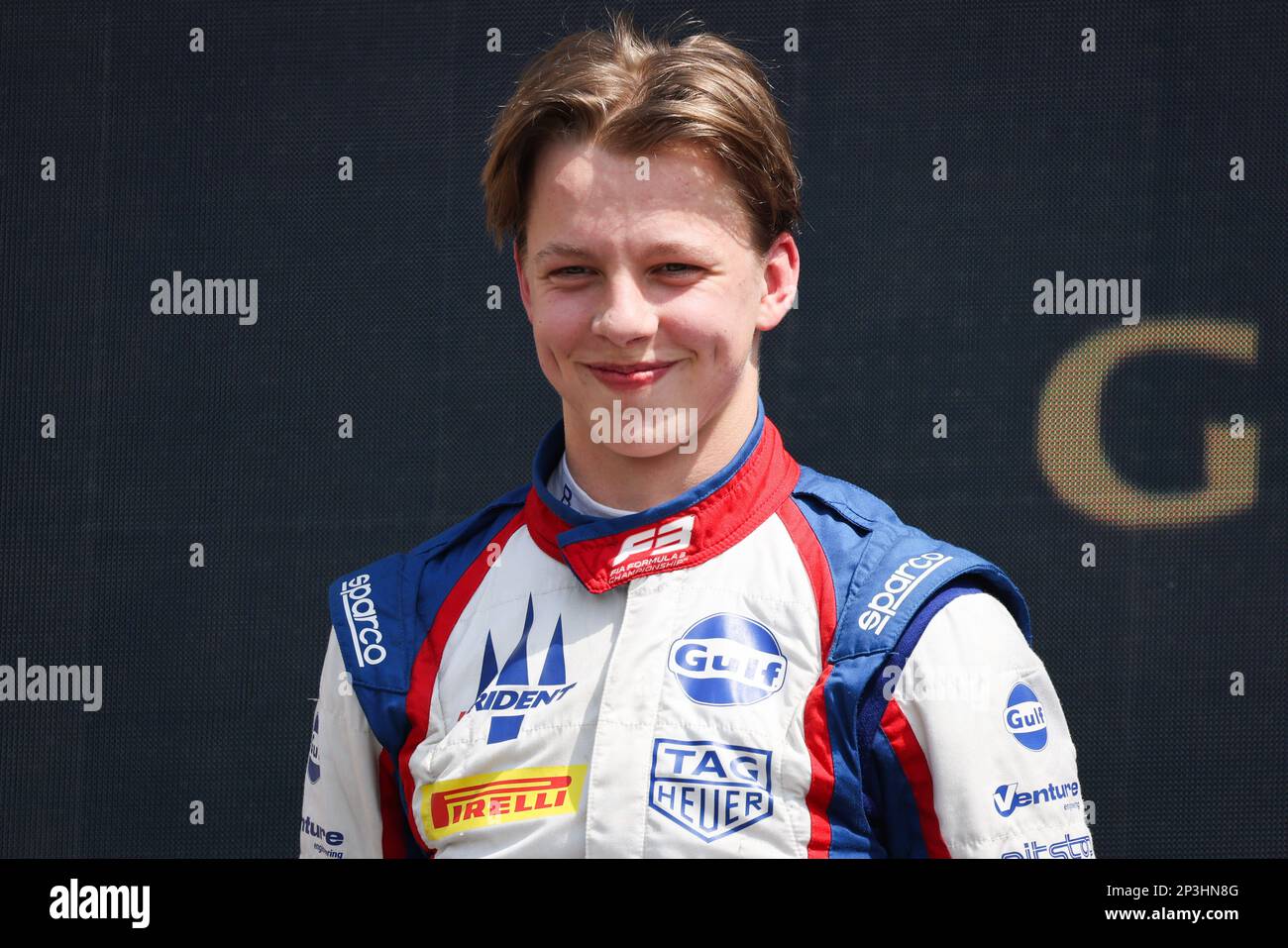 Sakhir, Bahrain. 5th Mar, 2023. Oliver Goethe of Trident celebrates on ...