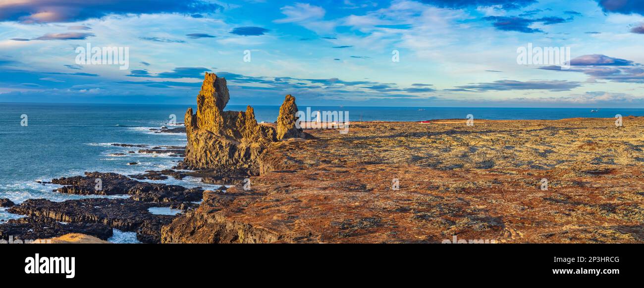 Basalt rocks of Lóndrangar, Malarrif Lighthouse, Iceland Stock Photo ...