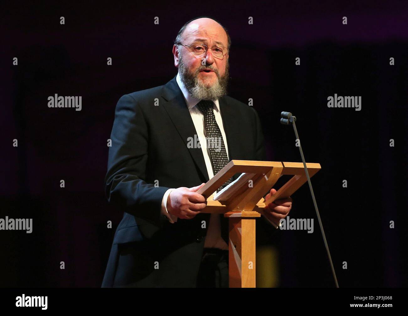 Chief Rabbi Ephraim Mirvis gives a speech as he attends a Holocaust ...