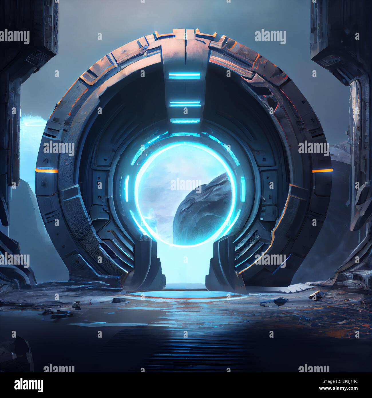 Futuristic blue glowing neon round portal. Sci fi metal construction ...