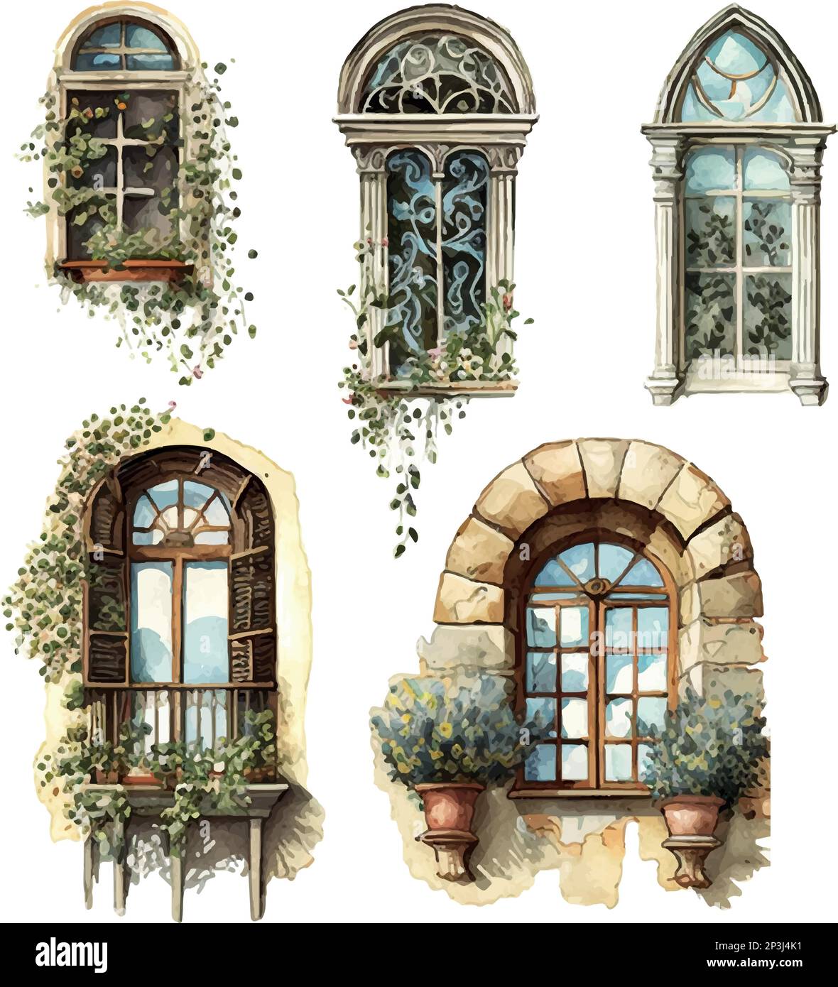 Vintage old european balcony window set the different windows with ...