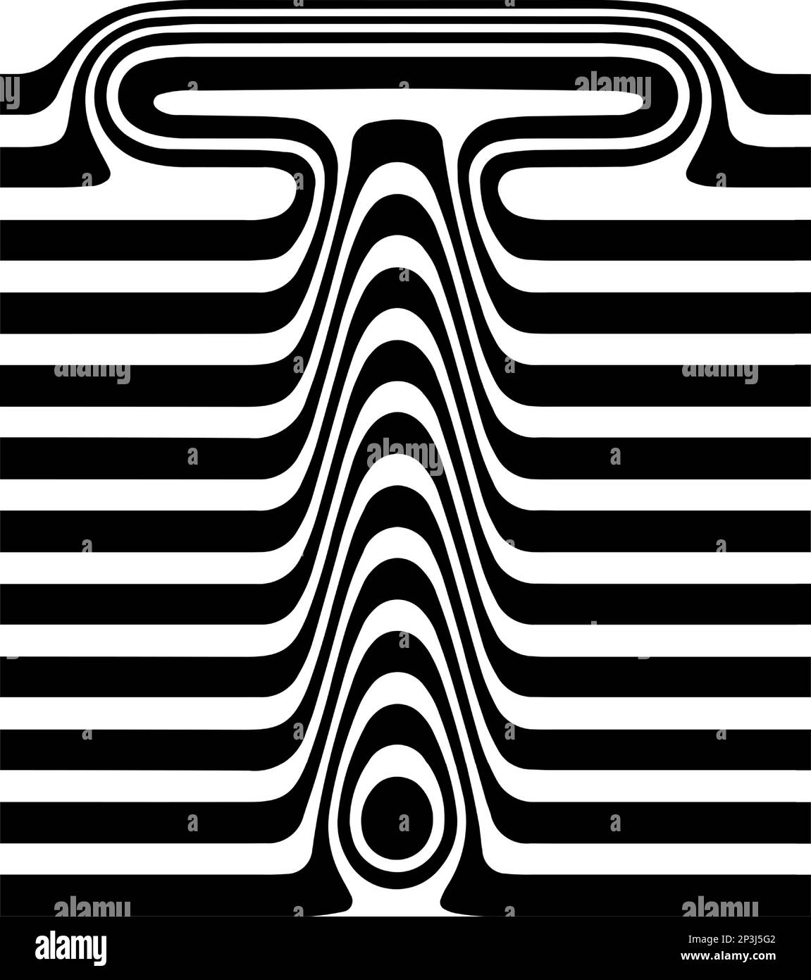 Liquified letter T, 3d striped sign, optical illusion font for opart ...