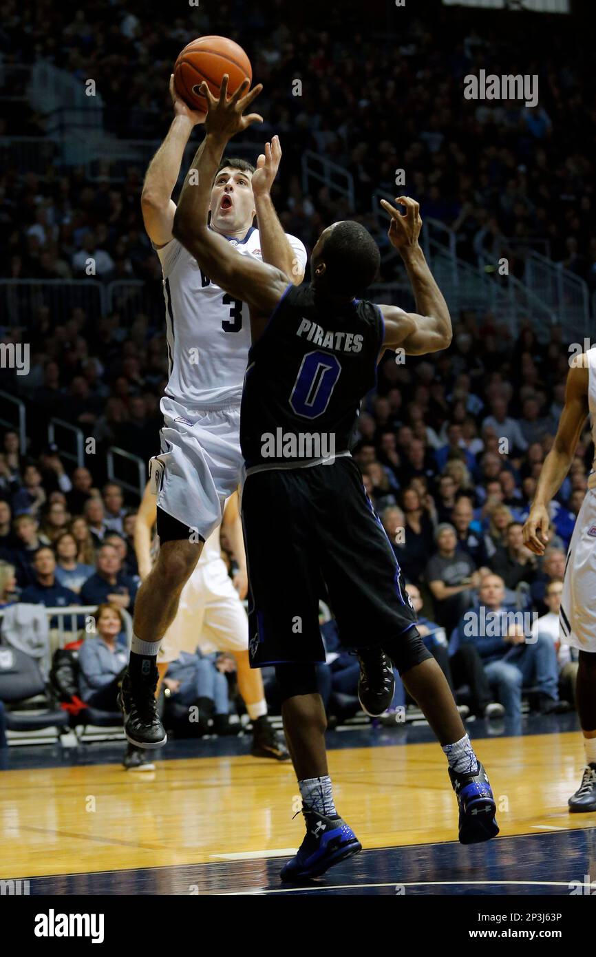 25 JAN 2015: Butler guard Alex Barlow (3) fires up the shot over Seton ...