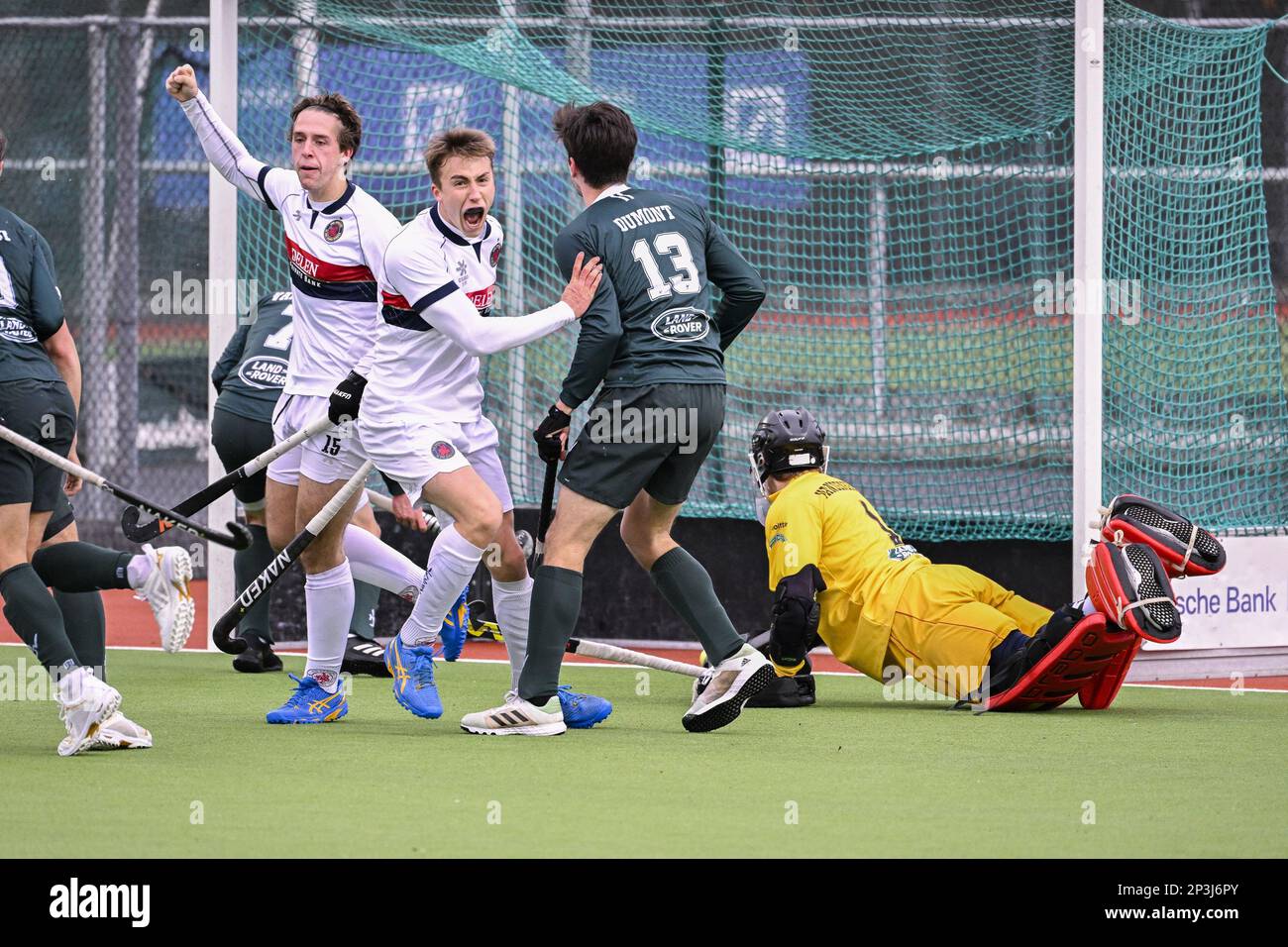 Dragons' Thomas Crols celebrates after scoring during a hockey game ...