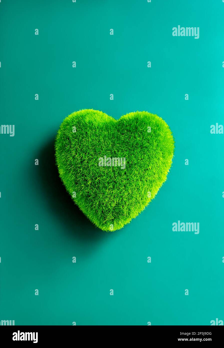 Green heart ball isolated on blue background. Green grass heart shape ...