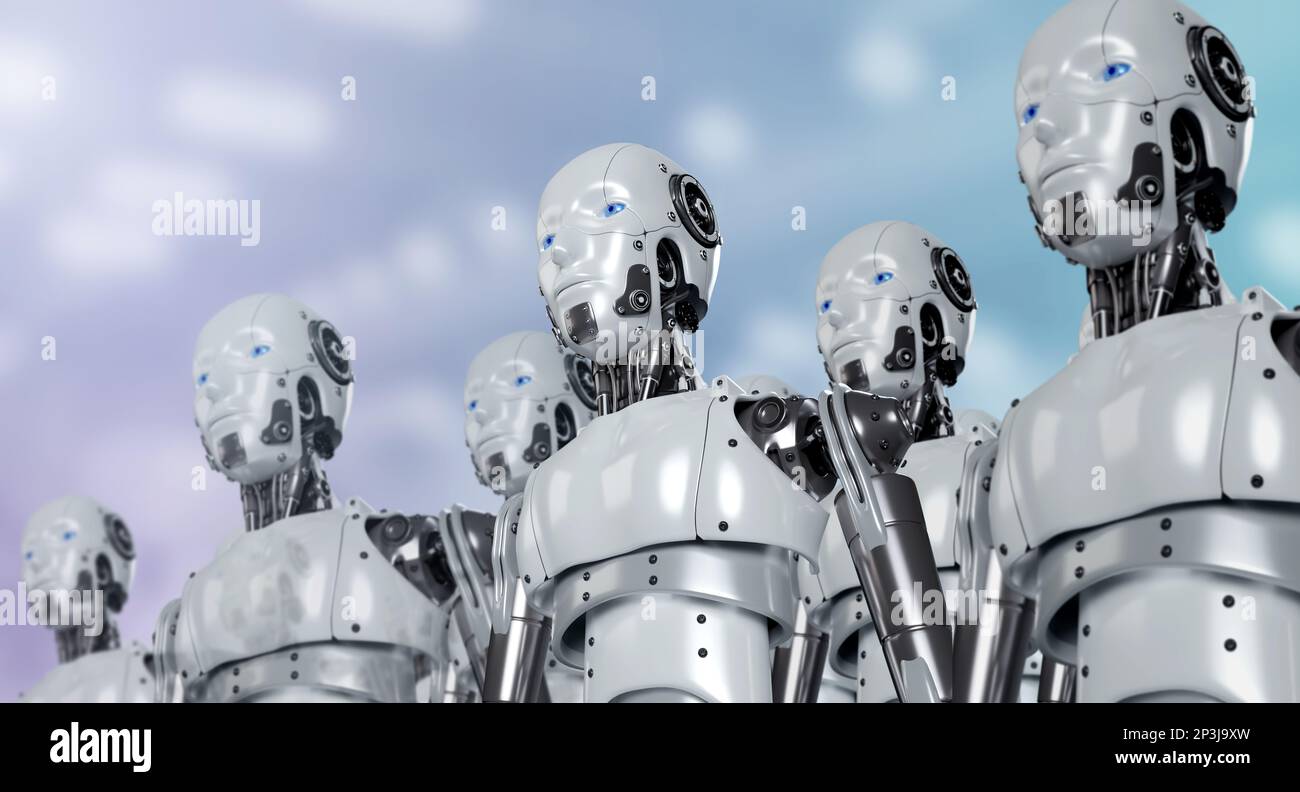 3d rendering of human robot portraits in the row of robotics army ...