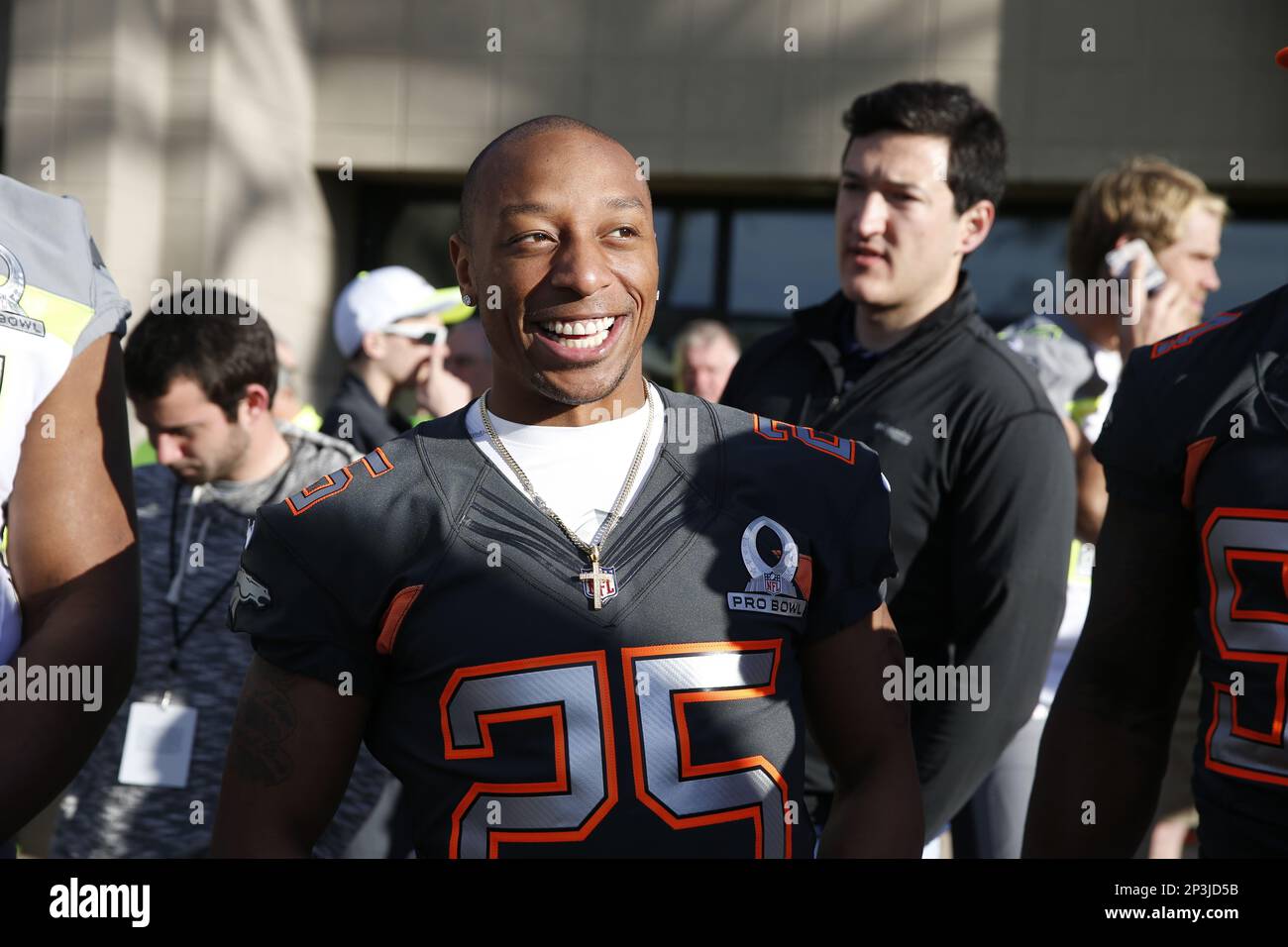 Denver Broncos cornerback Chris Harris jr smiles (25) while taking team ...