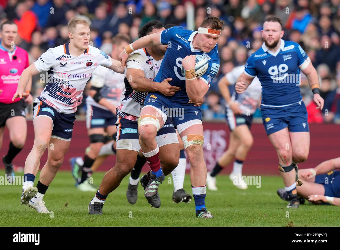 Cobus Wiese #4 of Sale Sharks makes a break during the Gallagher ...