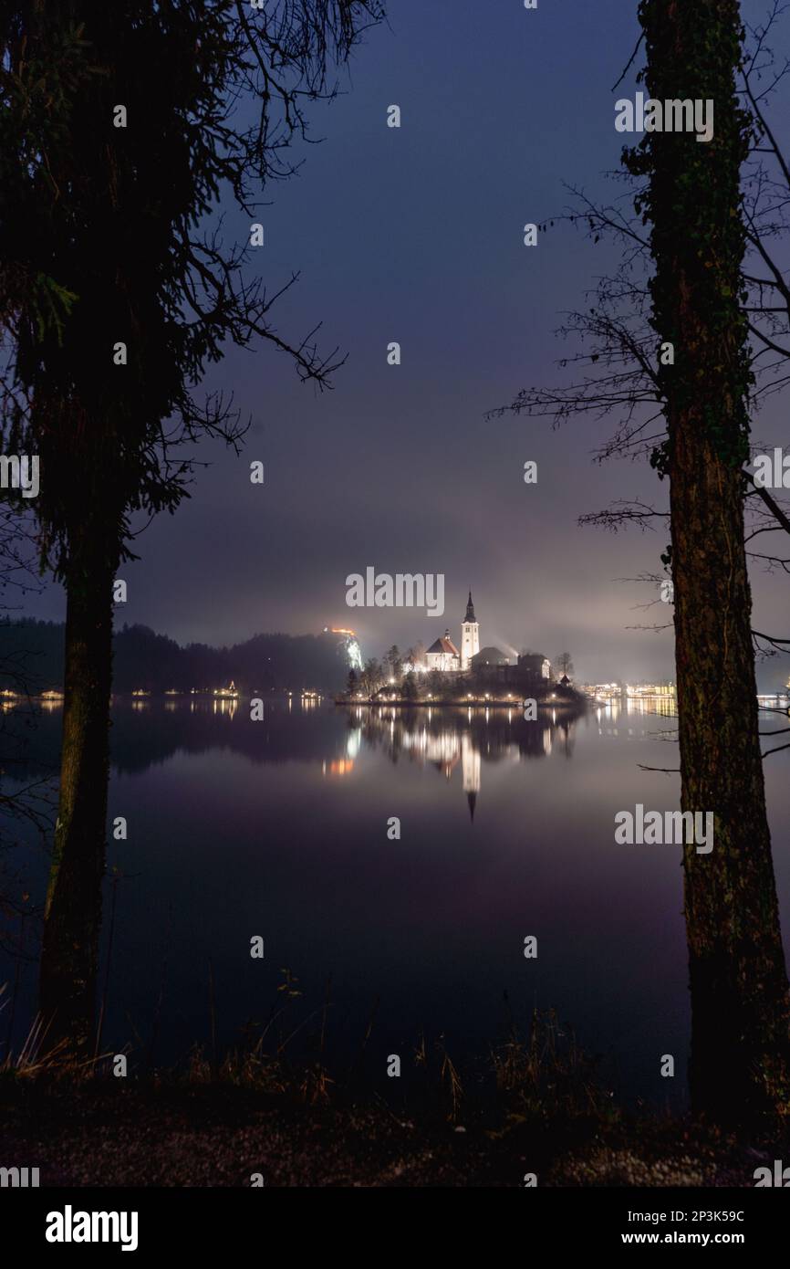12 27 2022, Bled, Slovenia: Long exposure of Church on Island Bled in ...