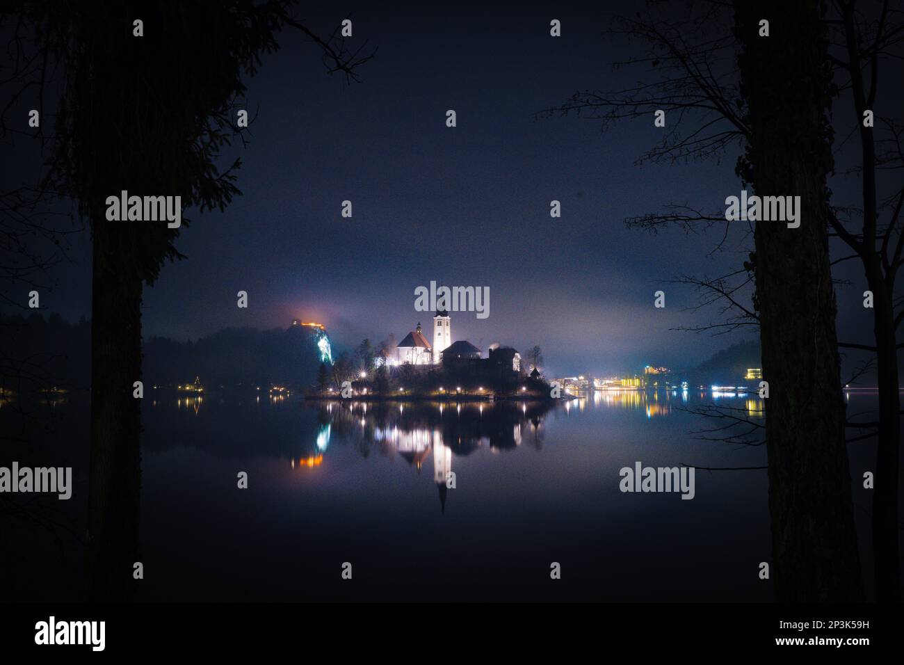 12 27 2022, Bled, Slovenia: Long exposure of Church on Island Bled in ...