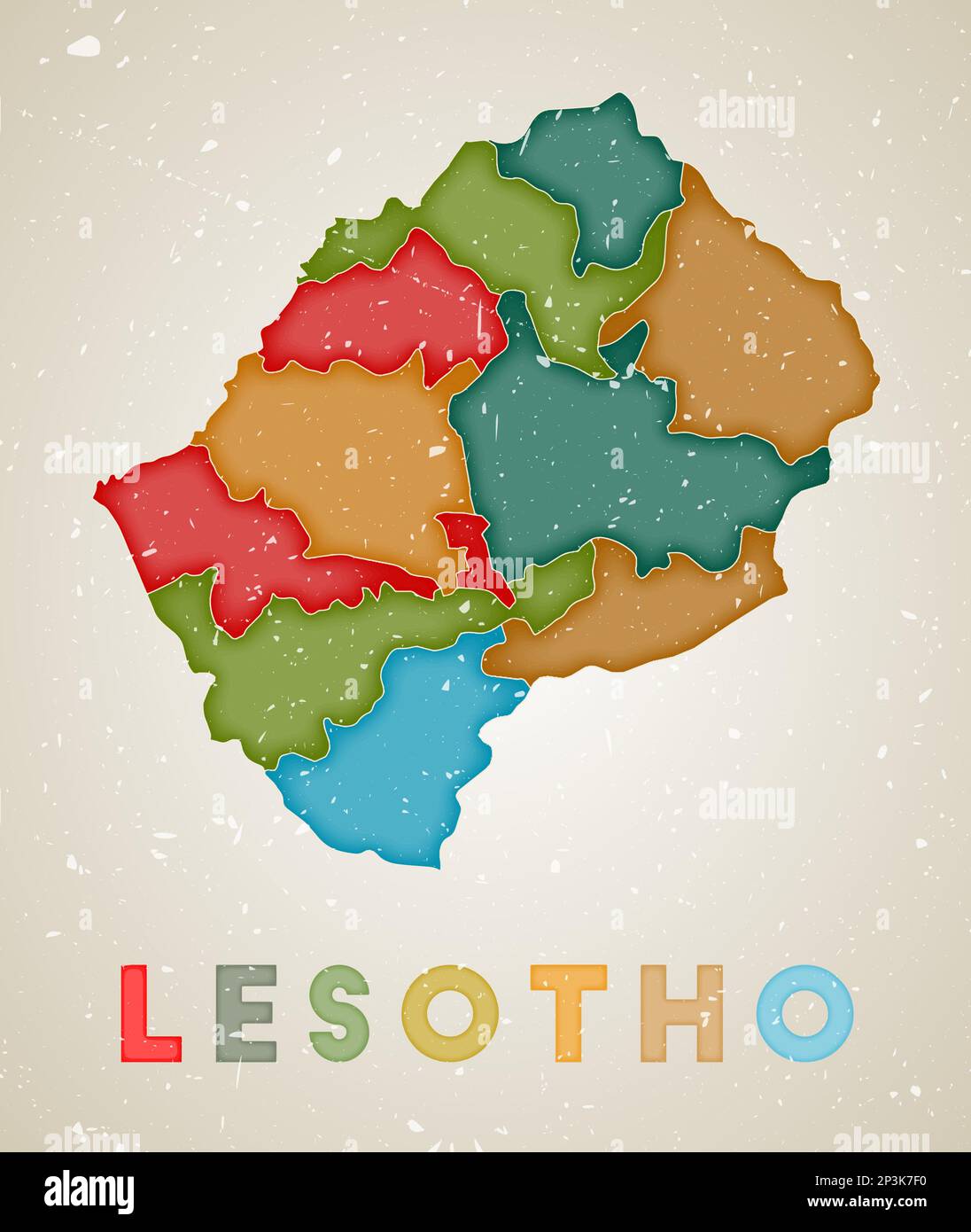 Lesotho map. Country poster with colored regions. Old grunge texture ...