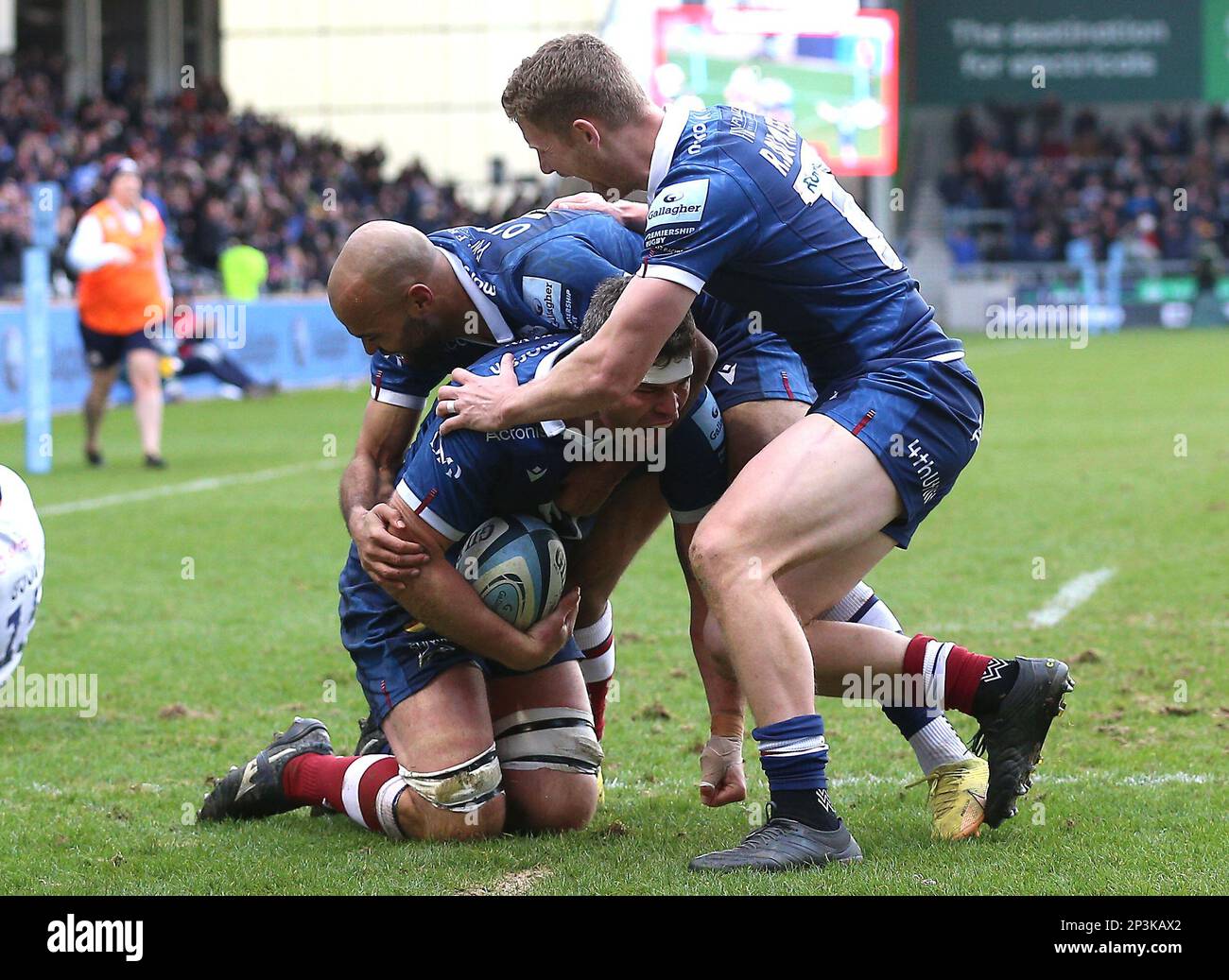 Sale Sharks' Jono Ross (centre) celebrates scoring his side's fourth ...