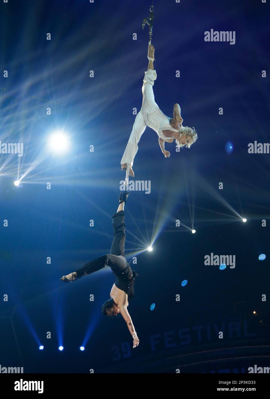 Aerial acrobats Elena Petrikova and Elena Baranenko of Russia perform ...
