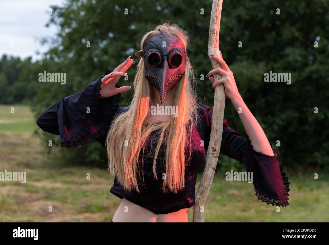 A mysterious woman wears a black raven mask and stands in a field ...