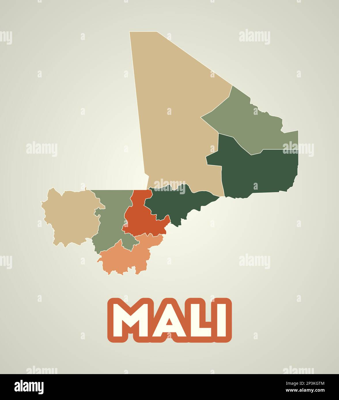 Mali poster in retro style. Map of the country with regions in autumn ...