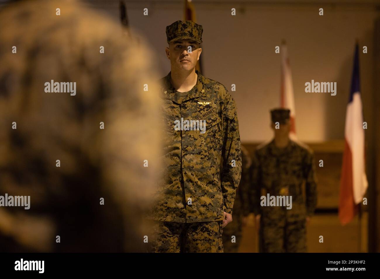 U.S. Marines with Marine Wing Support Squadron (MWSS) 172 stand at attention during an ...