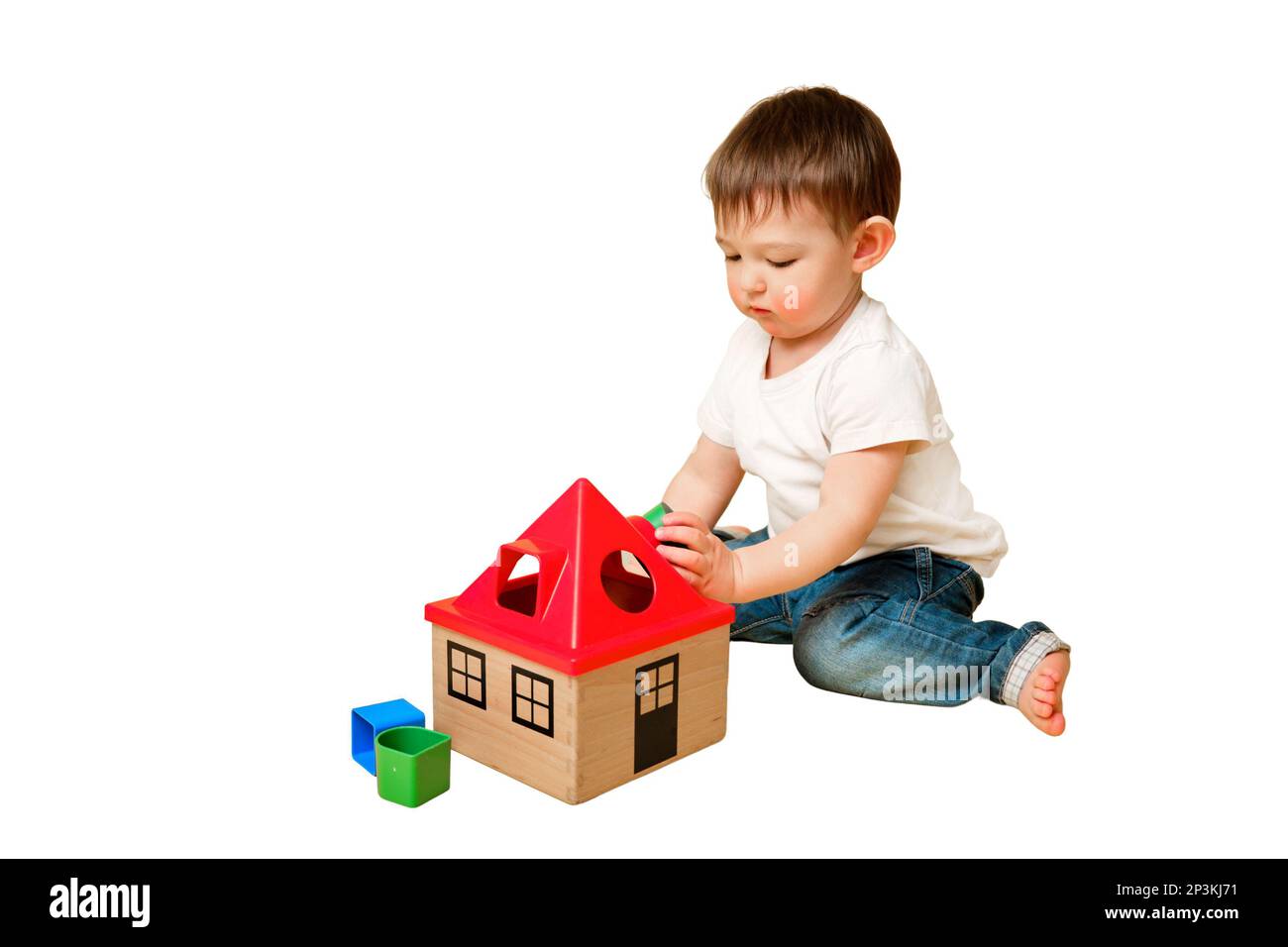 Toddler baby is playing sorter logic educational games with geometric ...